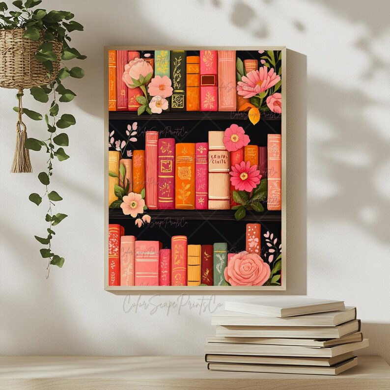 Whimsical Bookshelf Art Print Vintage Book Lover Gift Cozy Reading Nook ...