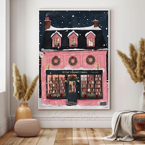 Winter Bookstore Painting Christmas Bookshop New York Bookstore Poster ...