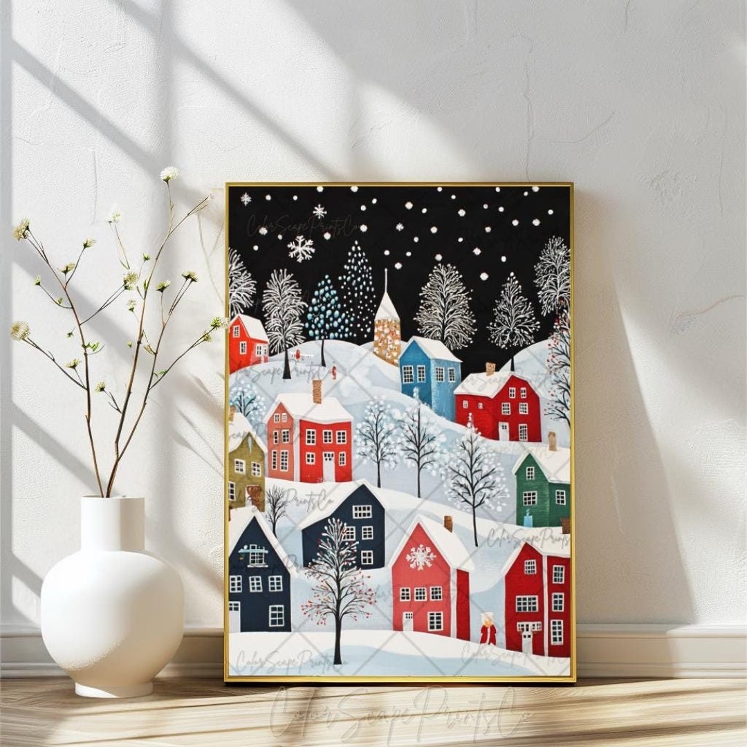 Christmas Village Print Winter Village Art Christmas Painting Winter ...