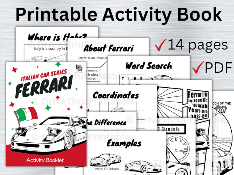 Ferrari CAR THEME Preschool + Kindergarten Kids Teen Activity Booklet ...