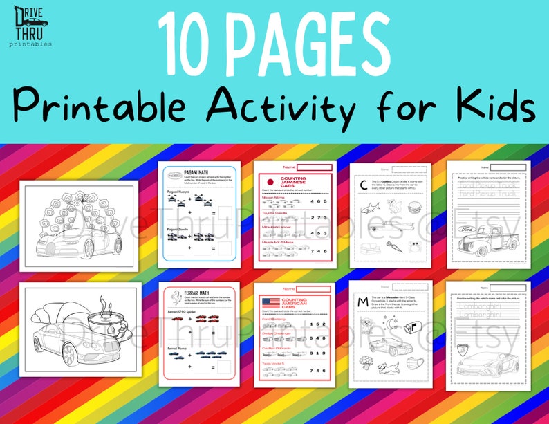 BUNDLE of 10 Printable Pages CAR THEME Preschool Kindergarten ...