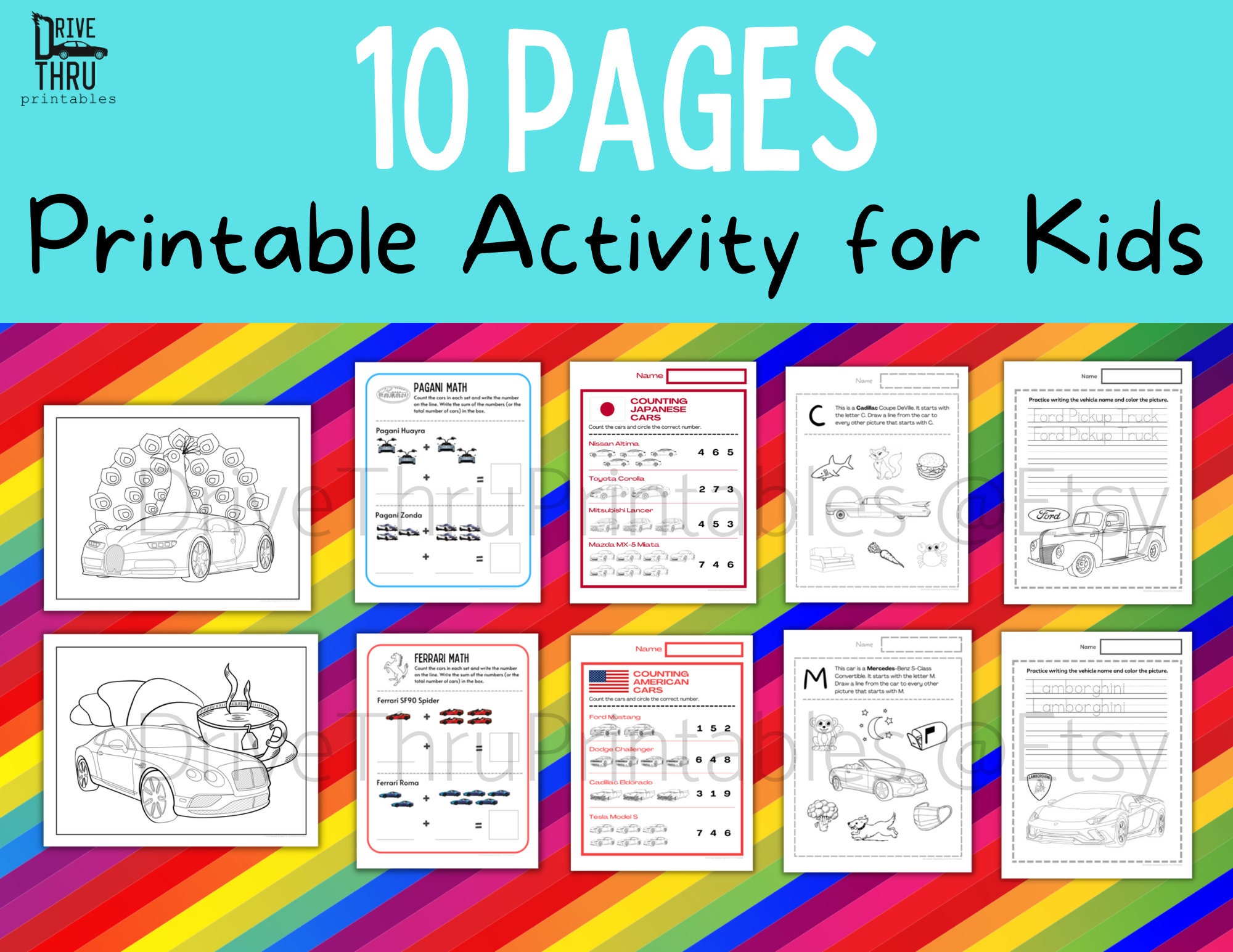 BUNDLE of 10 Printable Pages CAR THEME Preschool Kindergarten ...