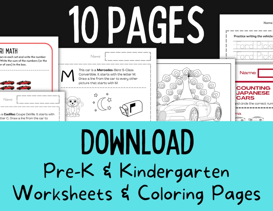 BUNDLE of 10 Printable Pages - CAR THEME Preschool + Kindergarten ...