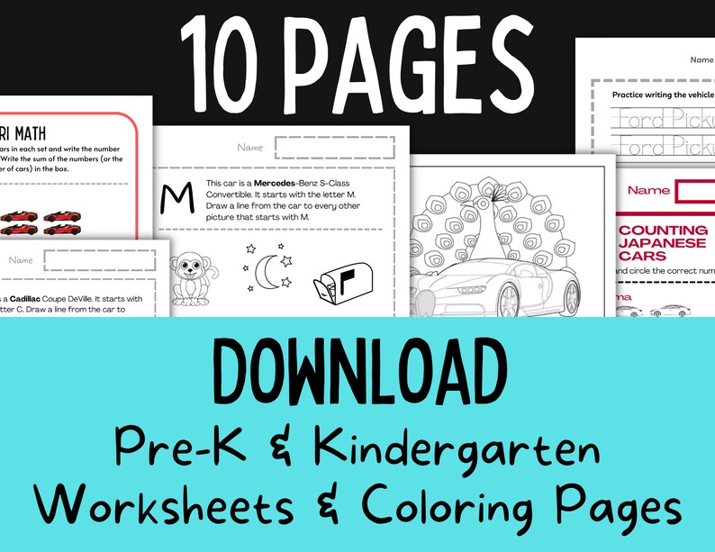 BUNDLE of 10 Printable Pages CAR THEME Preschool Kindergarten ...