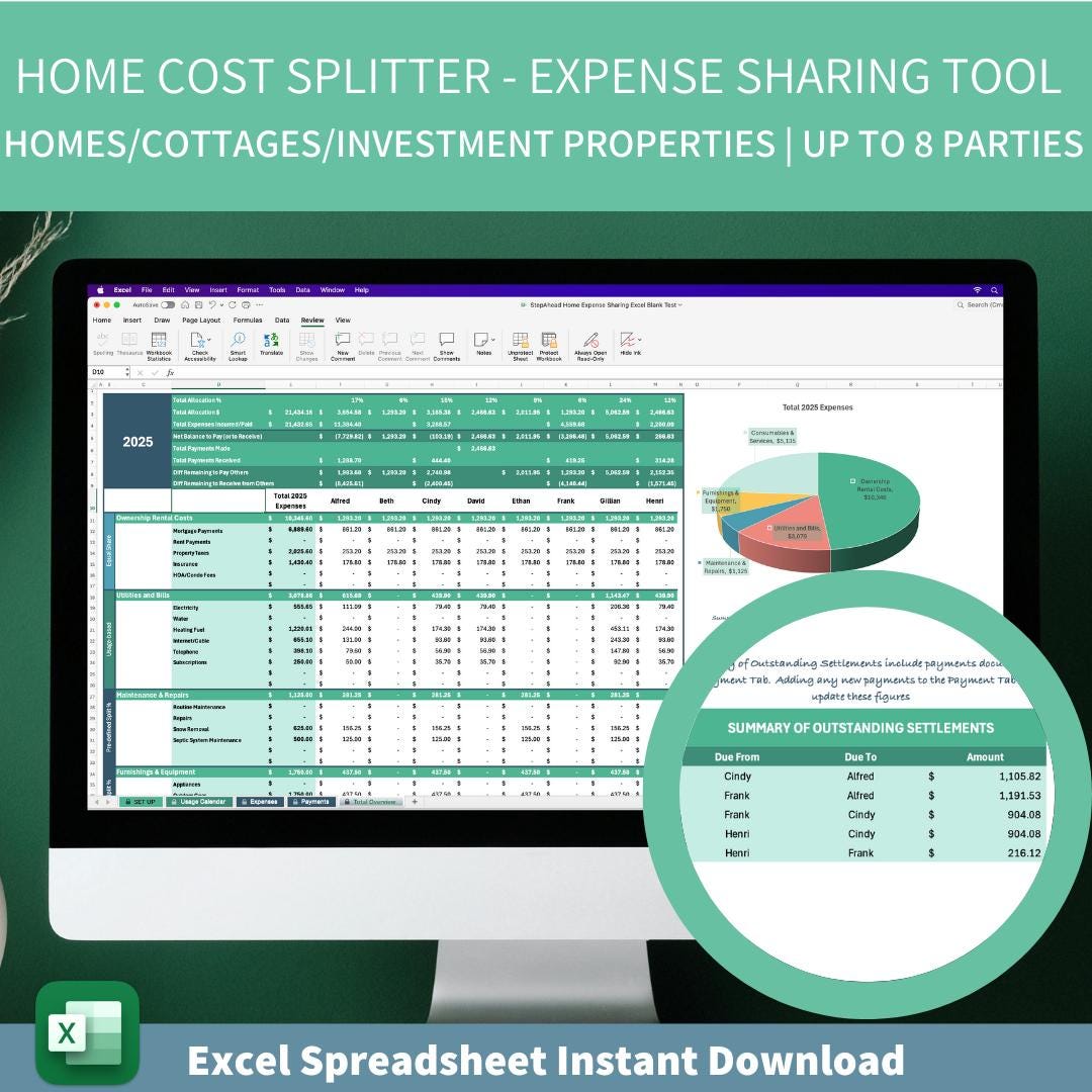 Expense Splitter Excel Tool for Sharing Home Costs up to 8 Parties Payment Tracking Custom ...