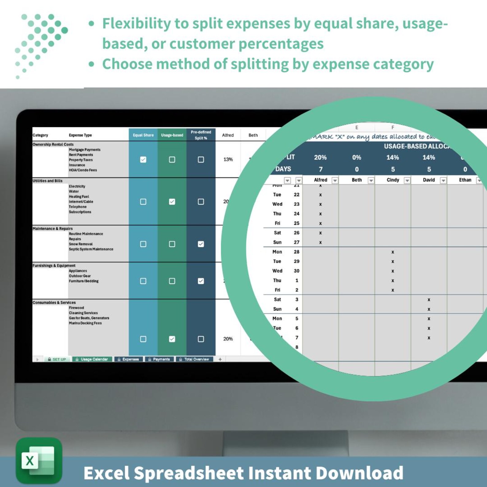 Expense Splitter Excel Tool for Sharing Home Costs up to 8 Parties ...