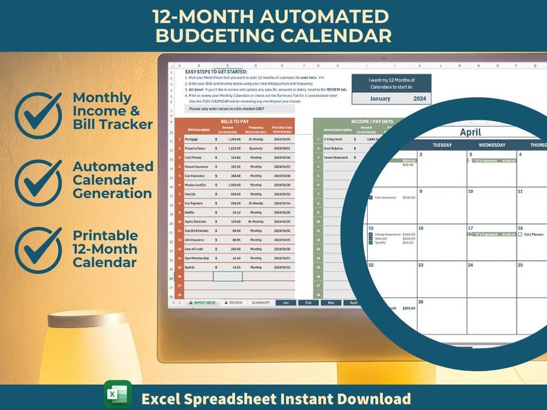 Monthly Income & Bill Tracker | Budgeting Calendar Excel Template | 12 ...