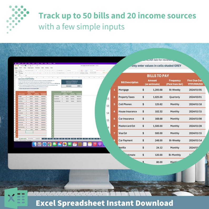 Monthly Income & Bill Tracker | Budgeting Calendar Excel Template | 12 ...