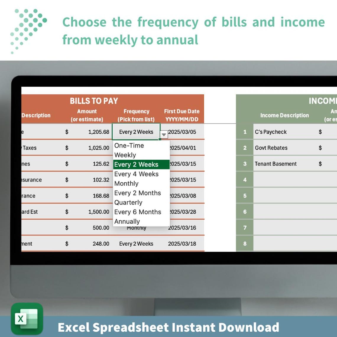 Monthly Income & Bill Tracker | Budgeting Calendar Excel Template | 12 ...
