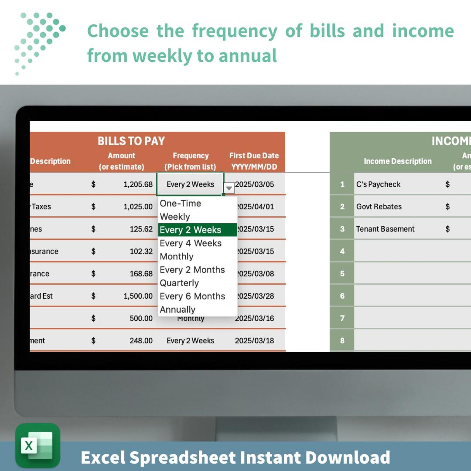 Monthly Income & Bill Tracker | Budgeting Calendar Excel Template | 12 ...