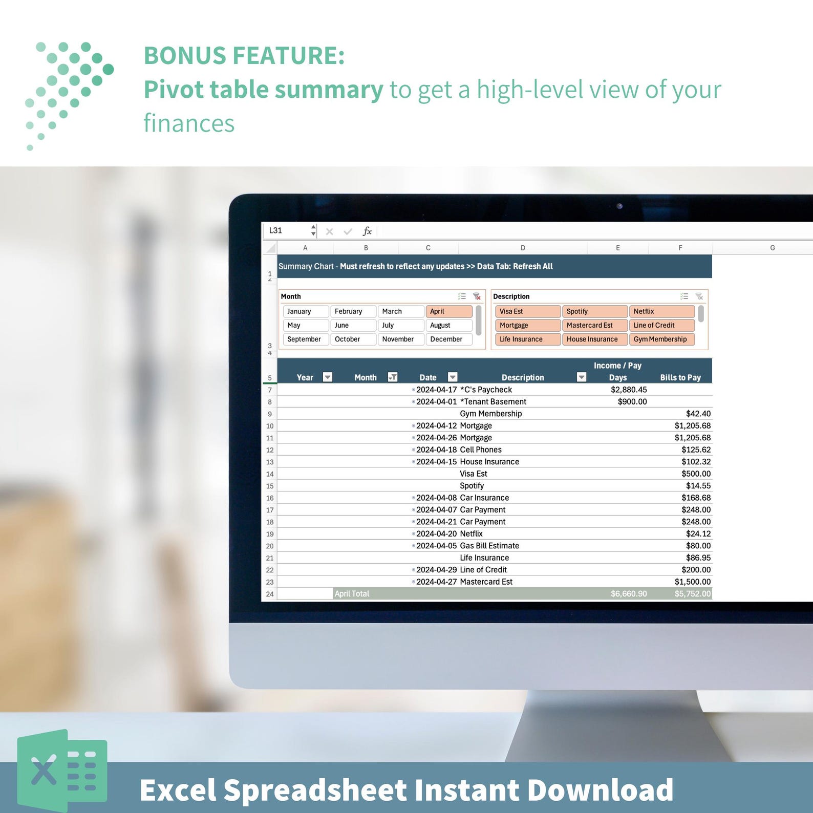 Monthly Income & Bill Tracker | Budgeting Calendar Excel Template | 12 ...