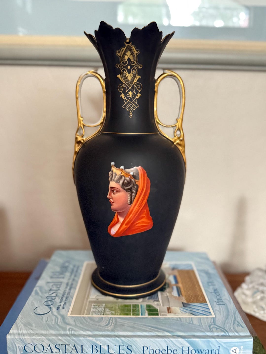 Antique Old Paris Matte Black Portrait Vase With Gilt Handles | Hand ...