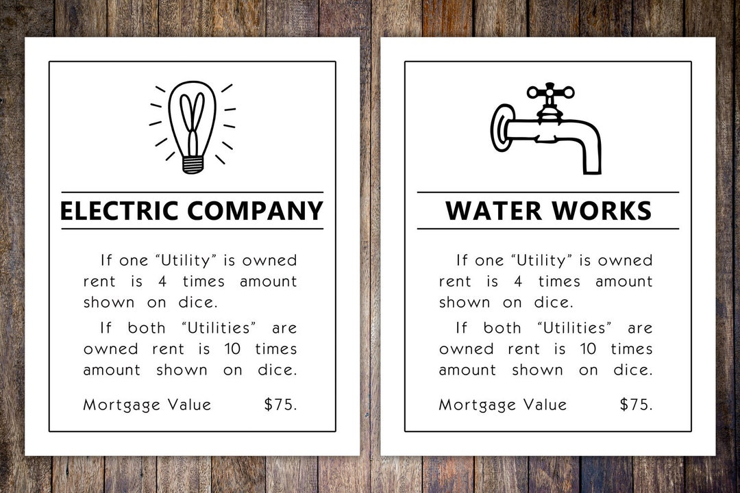 Monopoly Utilities Property Card, 8x10 Art Print // Water & Electric ...
