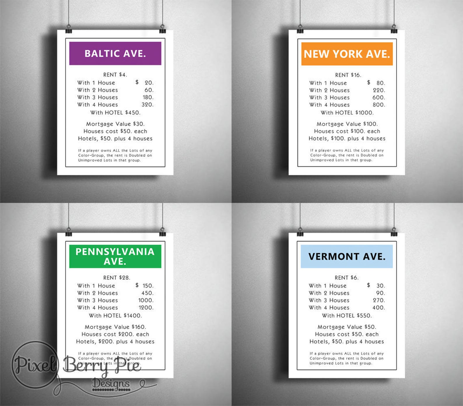 DIGITAL DOWNLOAD Original Monopoly Property Printable Artwork File ...