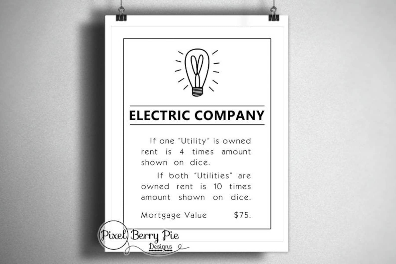 Monopoly Utilities Property Card, 8x10 Art Print // Water & Electric ...