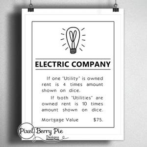 Monopoly Utilities Property Card, 8x10 Art Print // Water & Electric ...