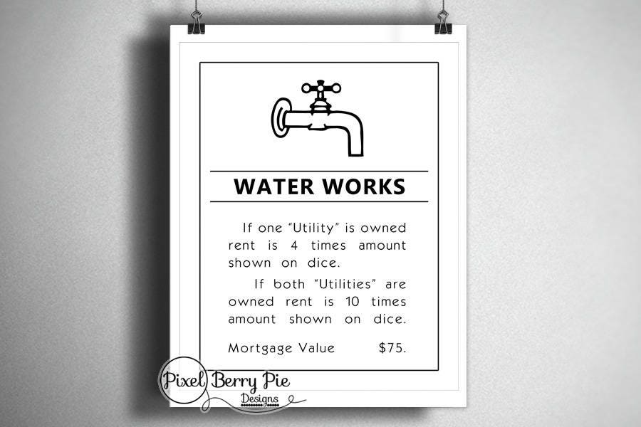 Monopoly Utilities Property Card, 8x10 Art Print // Water & Electric ...