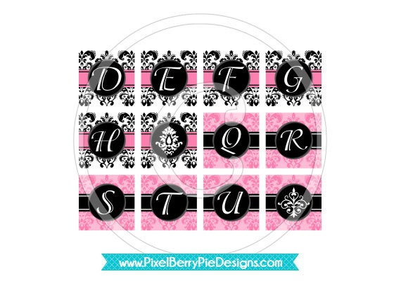 Pink Black Damask 1 Inch Printable Squares Chic Alphabet | Etsy