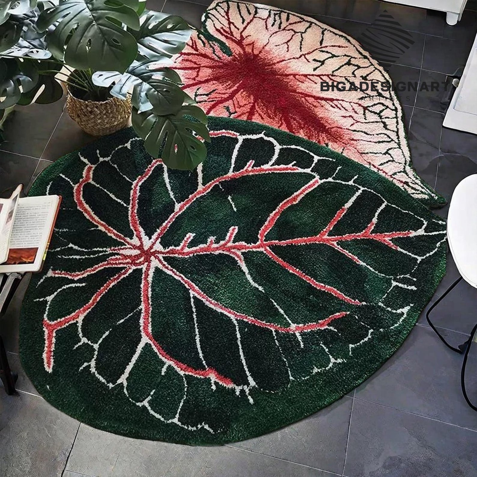Green Monstera Moss Rug,white Monstera Carpet,green Leaves Living Room ...
