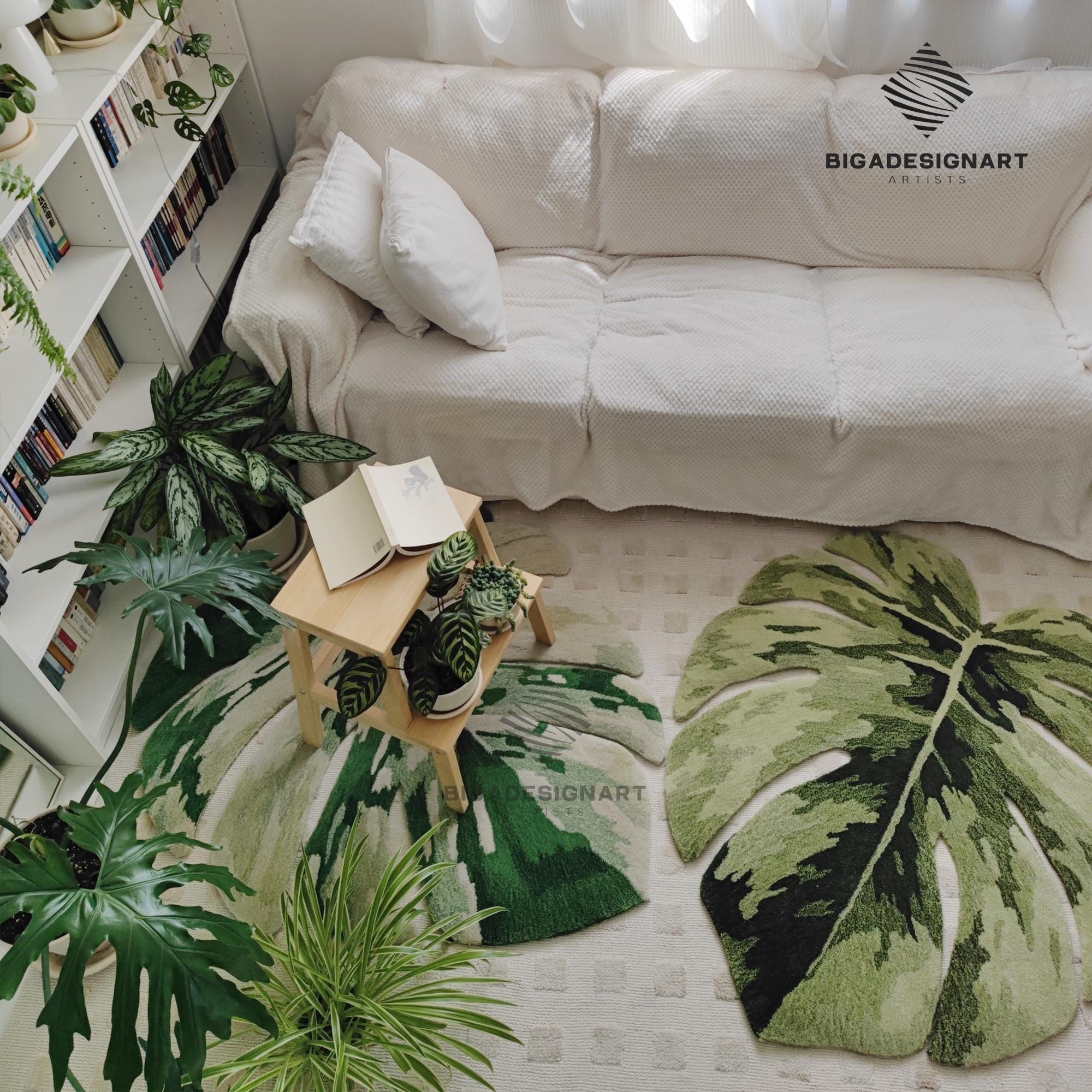 Green Leaves Bedside Carpet,hand Tufted Area Rug,white Monstera Carpet ...