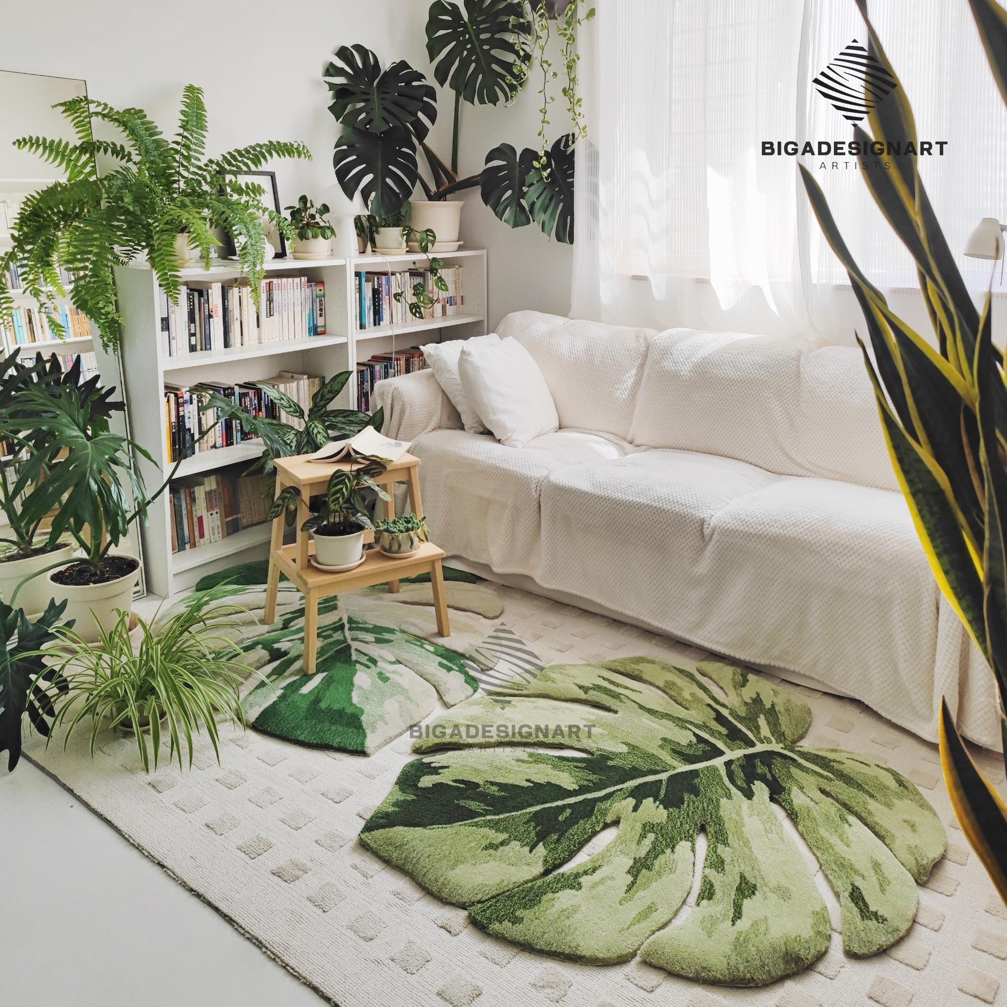 Green Leaves Bedside Carpet,hand Tufted Area Rug,white Monstera Carpet ...