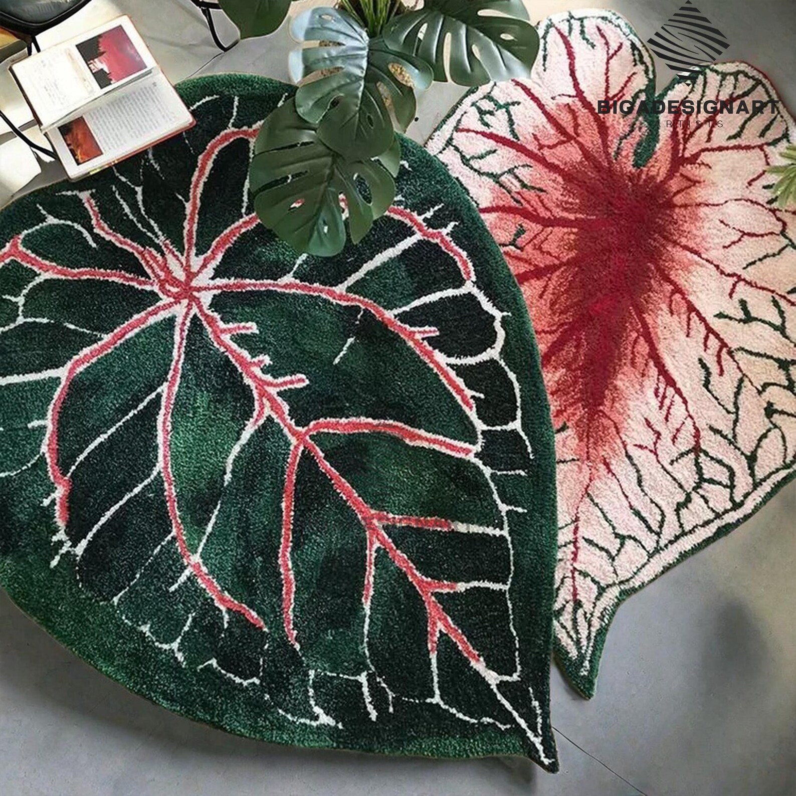 Green Monstera Moss Rug,white Monstera Carpet,green Leaves Living Room ...