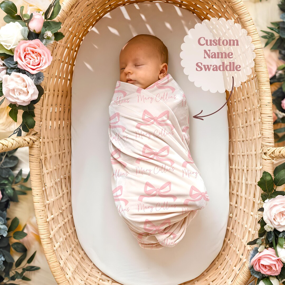 Baby Swaddle Custom Name Bow Swaddle Baby Blanket Personalized Bow ...