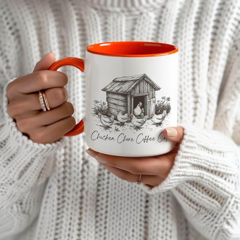Chicken Chore Coffee Cup, Chickens Hanging Out by Cute Coop, Farmhouse ...