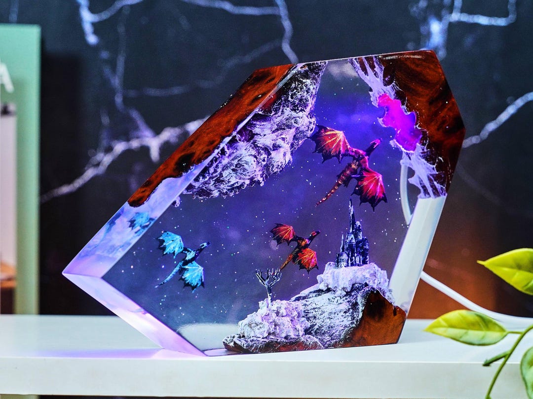 Majestic Fire Dragon and Ice Dragon Resin Lamp, Handmade Fantasy ...