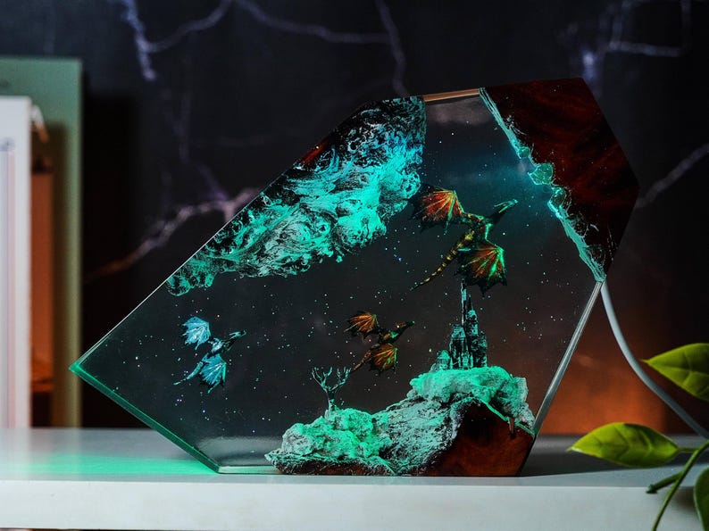 Majestic Fire Dragon and Ice Dragon Resin Lamp, Handmade Fantasy ...