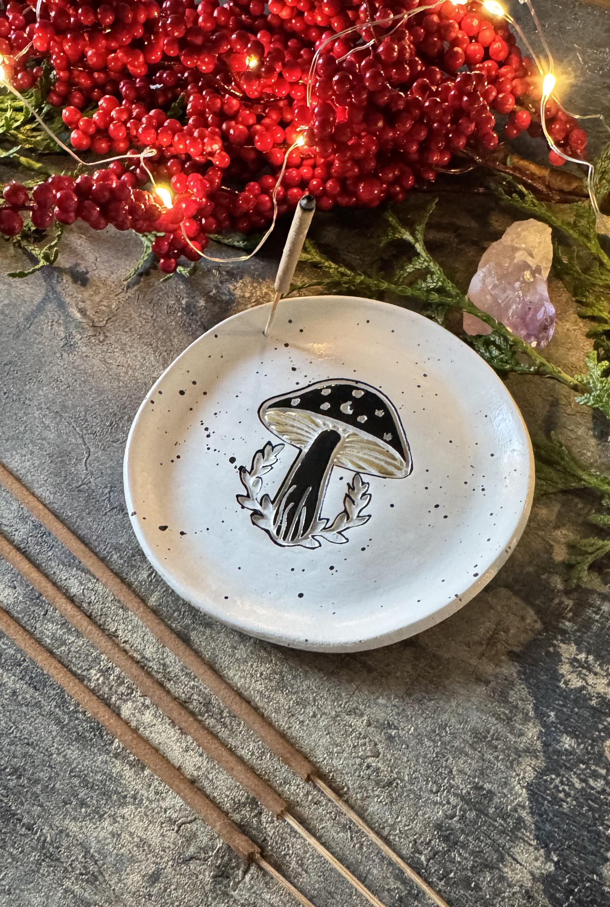 Mushroom Dish and Incense Holder, Handmade Clay Incense Burner, Crystal ...