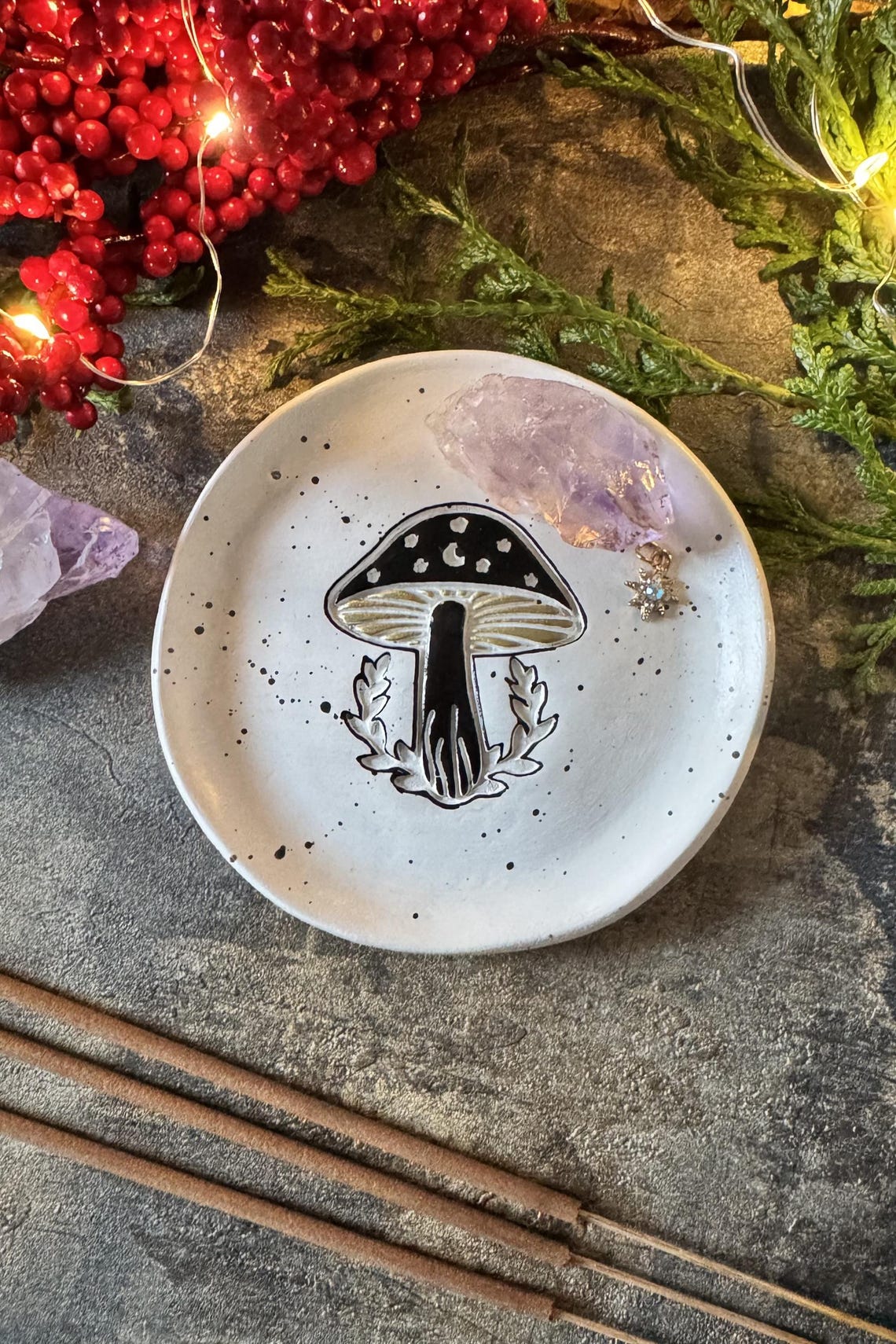 Mushroom Dish and Incense Holder, Handmade Clay Incense Burner, Crystal ...