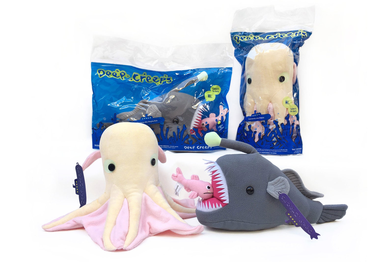 Anglerfish and Dumbo Octopus Glow in the Dark Plush Set Deep | Etsy