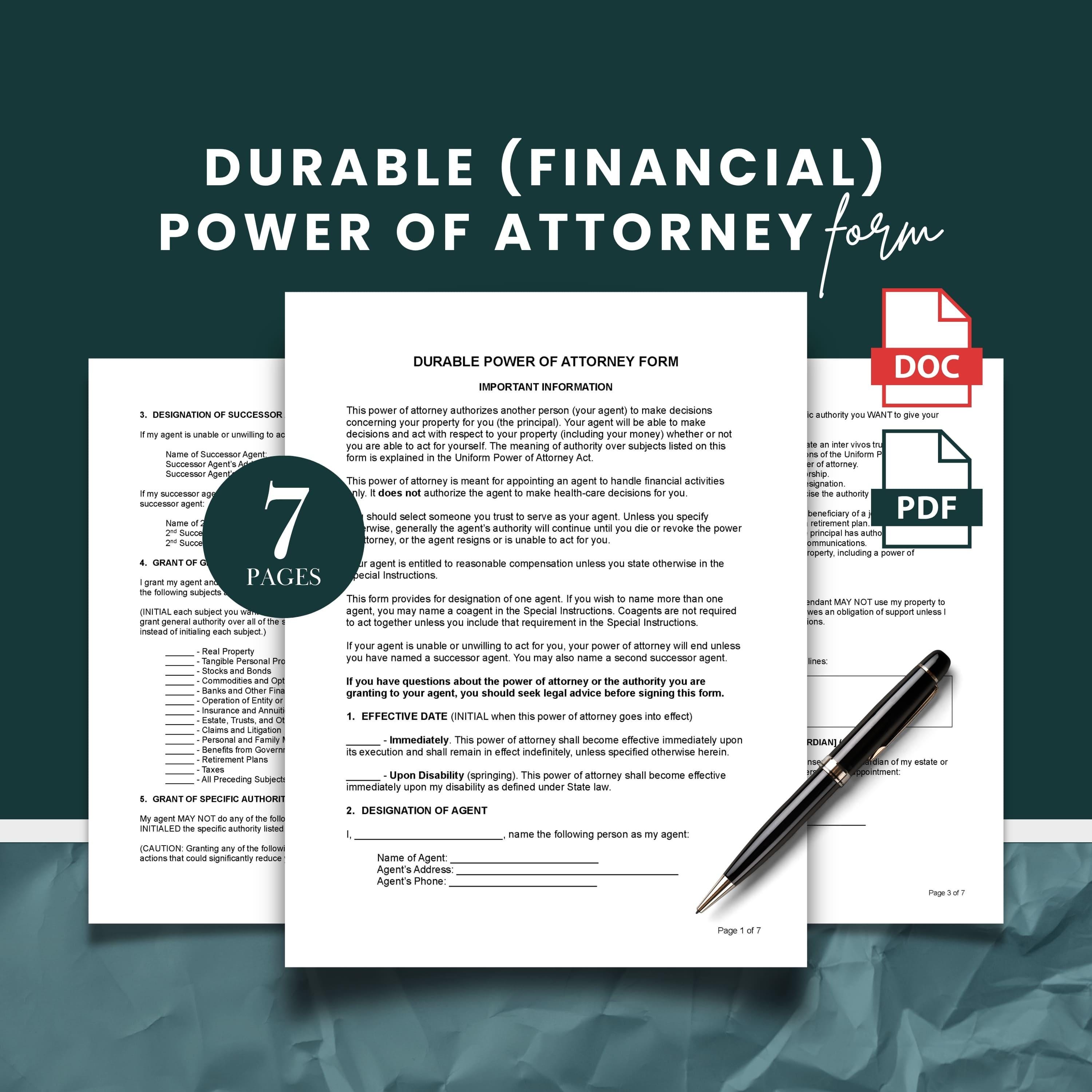 Printable Durable Power of Attorney Template, Financial Power of ...