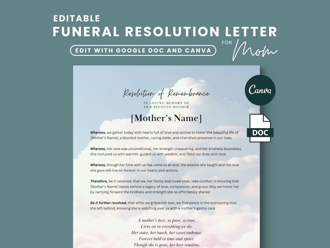 Funeral Resolution Letter for Mom, Memorial Resolution, in Loving ...
