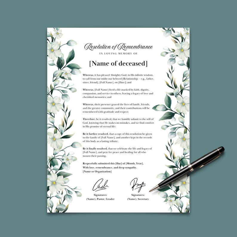Funeral Resolution Letter, Memorial Resolution, in Loving Memory ...