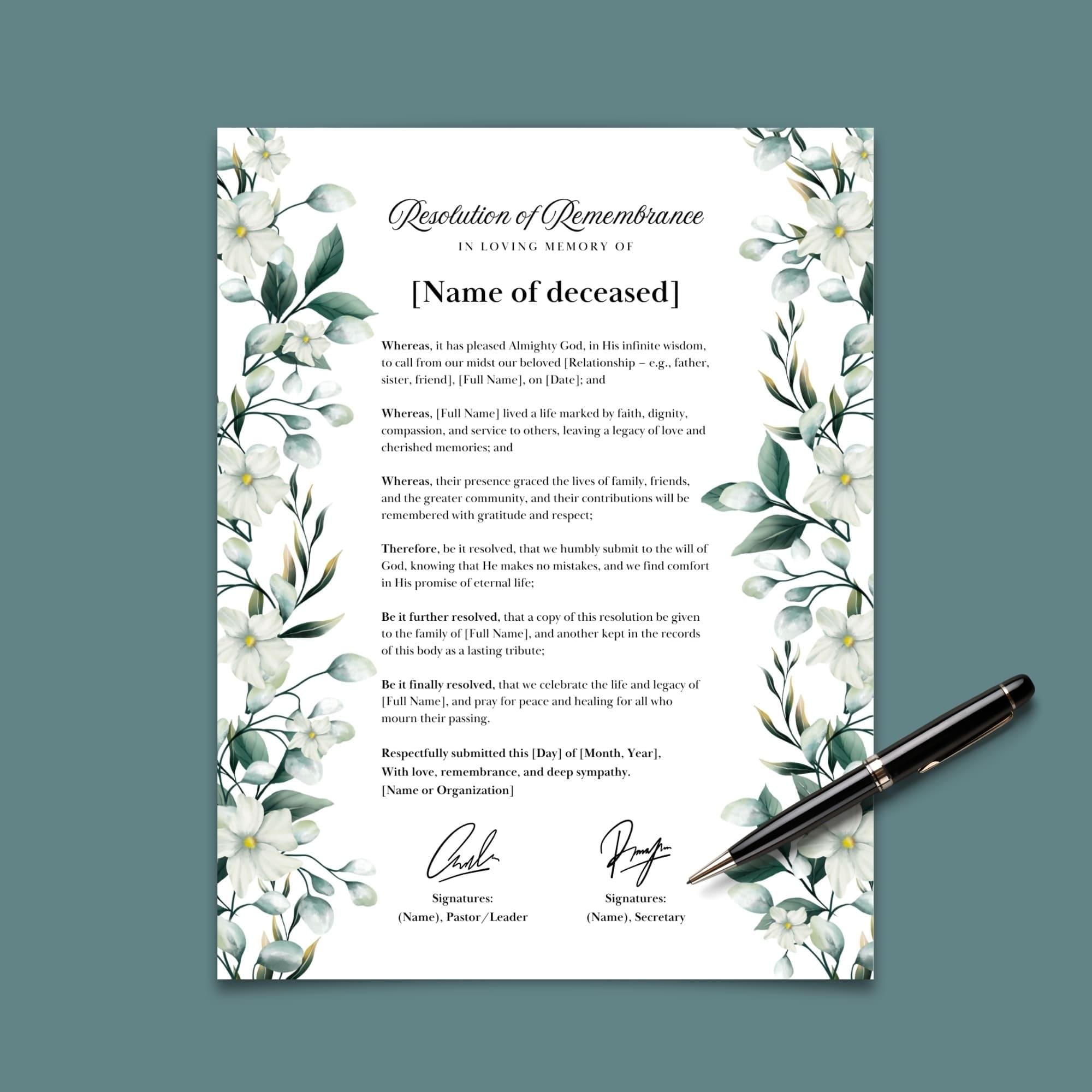 Funeral Resolution Letter, Memorial Resolution, in Loving Memory ...