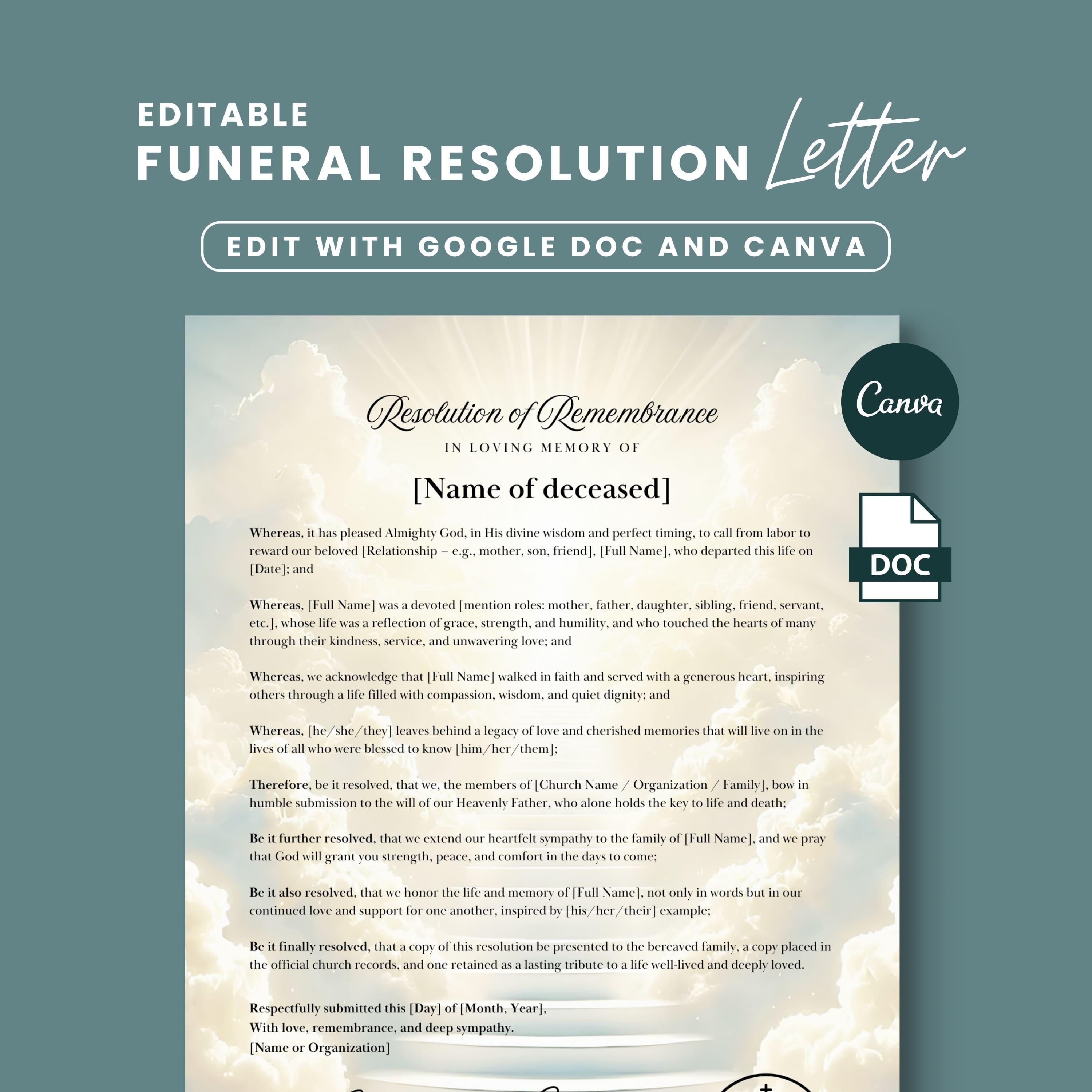 Funeral Resolution Letter, Memorial Resolution, in Loving Memory ...