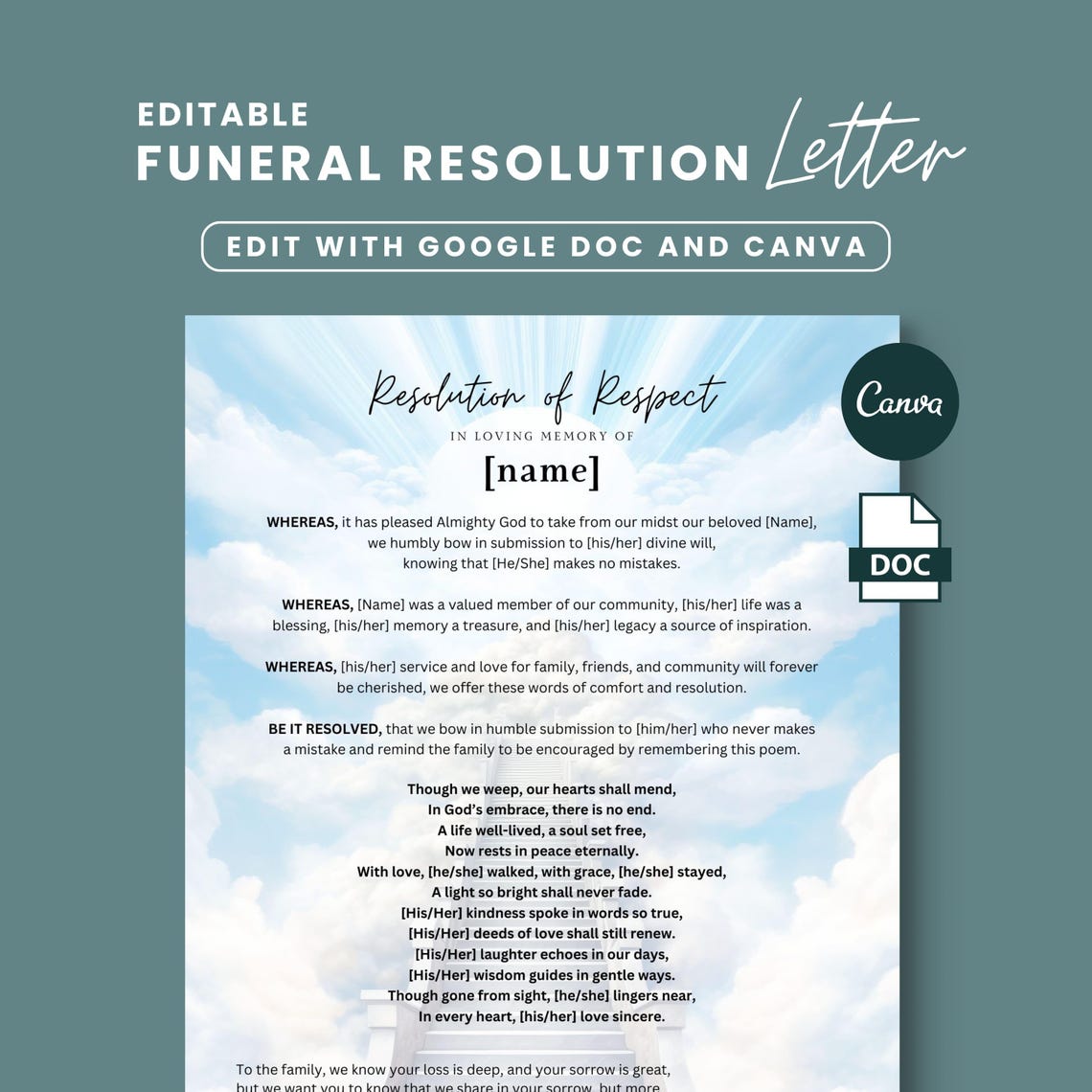 Funeral Resolution Letter, Memorial Resolution, in Loving Memory ...
