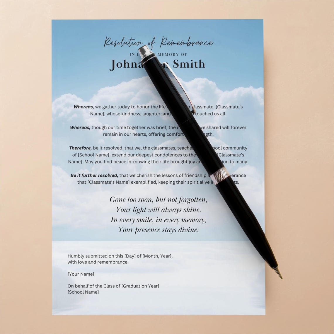 Funeral Resolution Letter for Classmate, Memorial Resolution for Friend ...