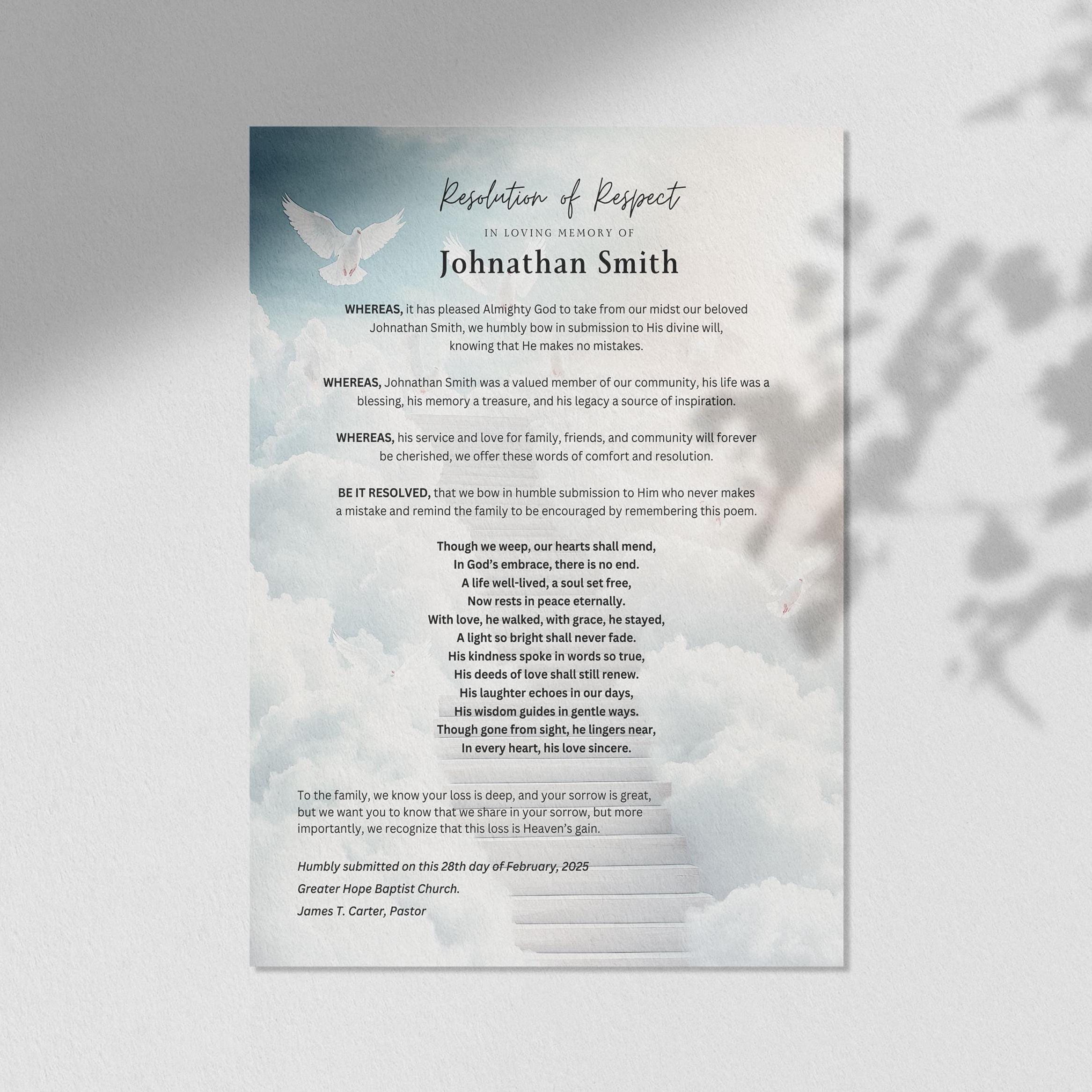 Funeral Resolution Letter, Memorial Resolution, in Loving Memory ...