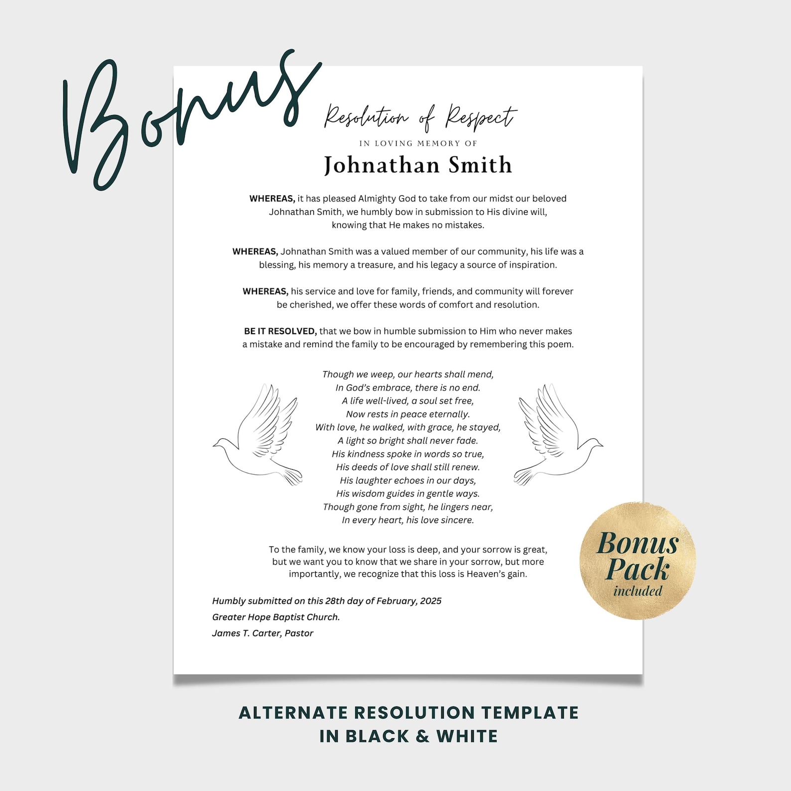 Funeral Resolutions for Black Churches, Memorial Resolution, in Loving ...