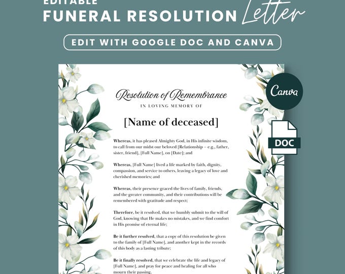 Funeral Resolution Letter, Memorial Resolution, in Loving Memory ...