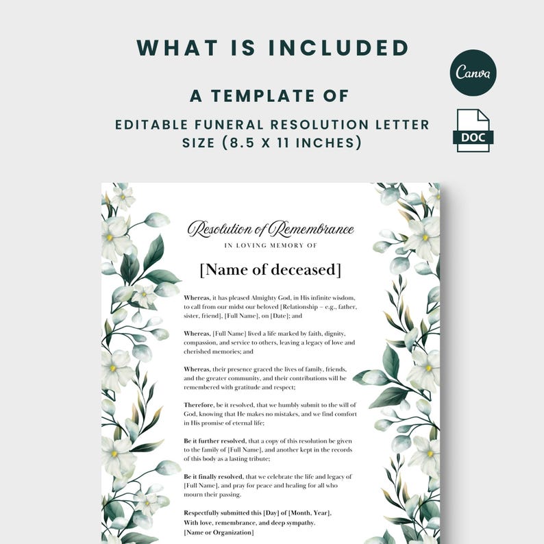 Funeral Resolution Letter, Memorial Resolution, in Loving Memory ...