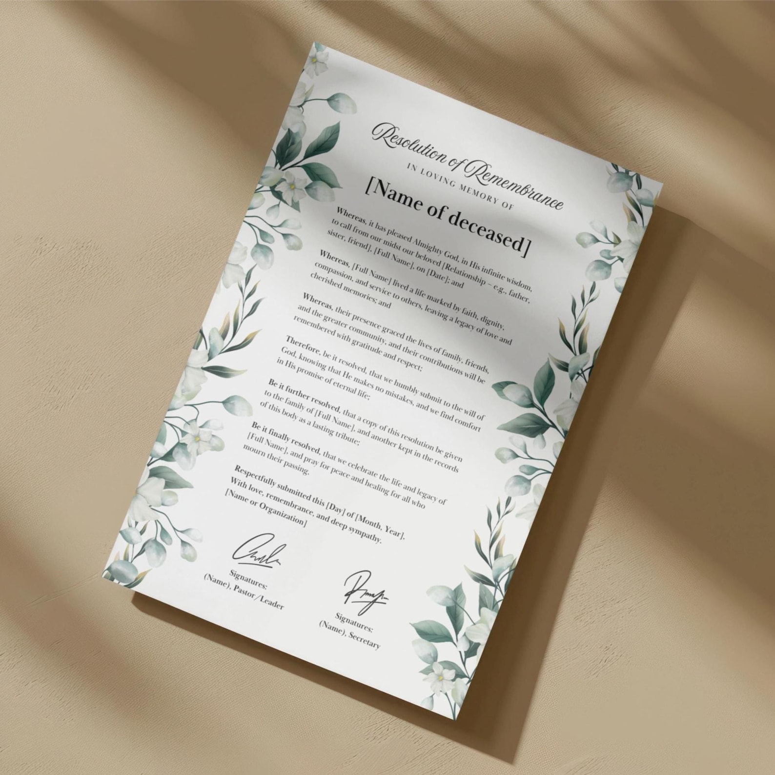 Funeral Resolution Letter, Memorial Resolution, in Loving Memory ...