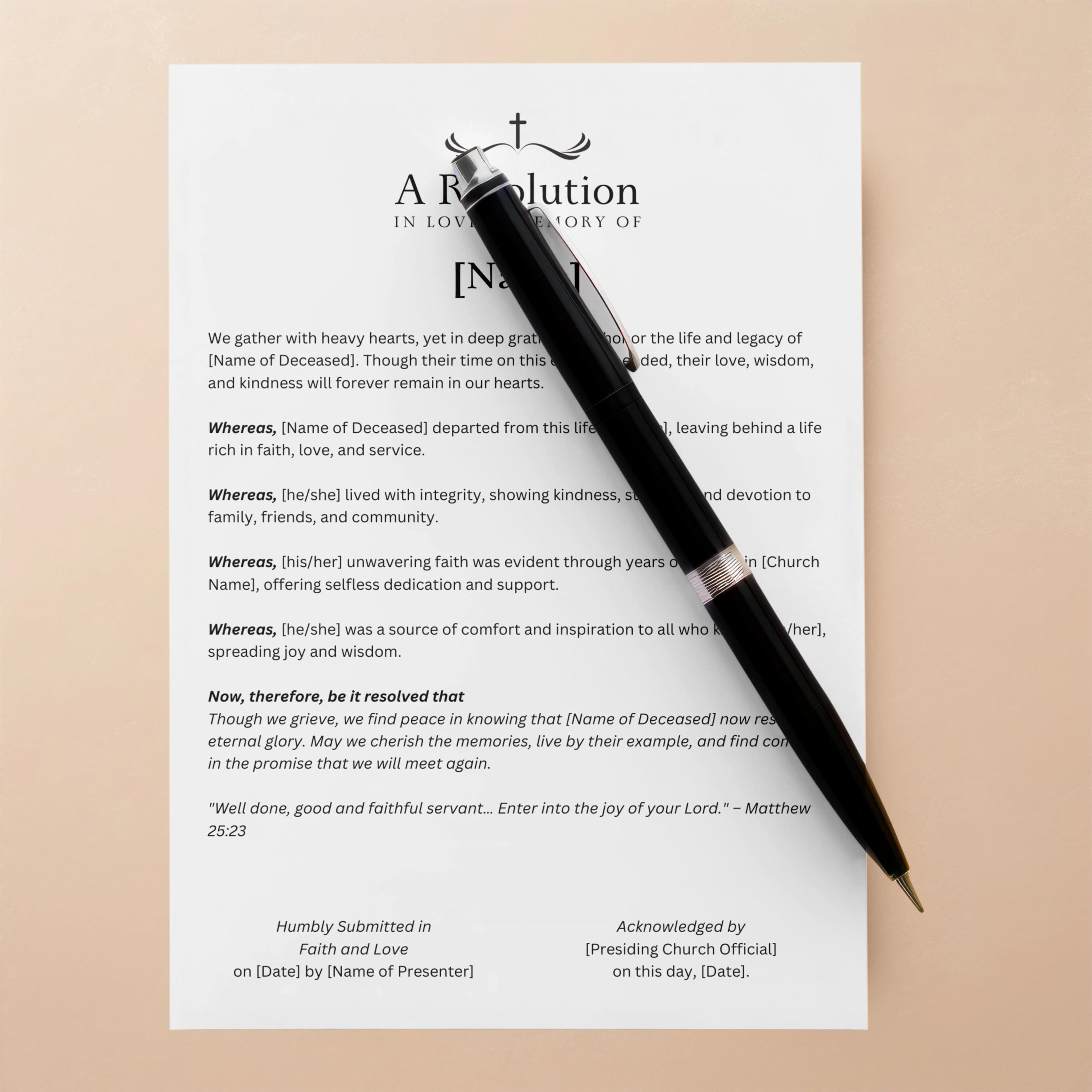 Funeral Resolution Letter, Memorial Resolution, in Loving Memory ...