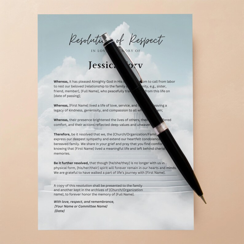 Funeral Resolution Letter, Memorial Resolution, in Loving Memory ...
