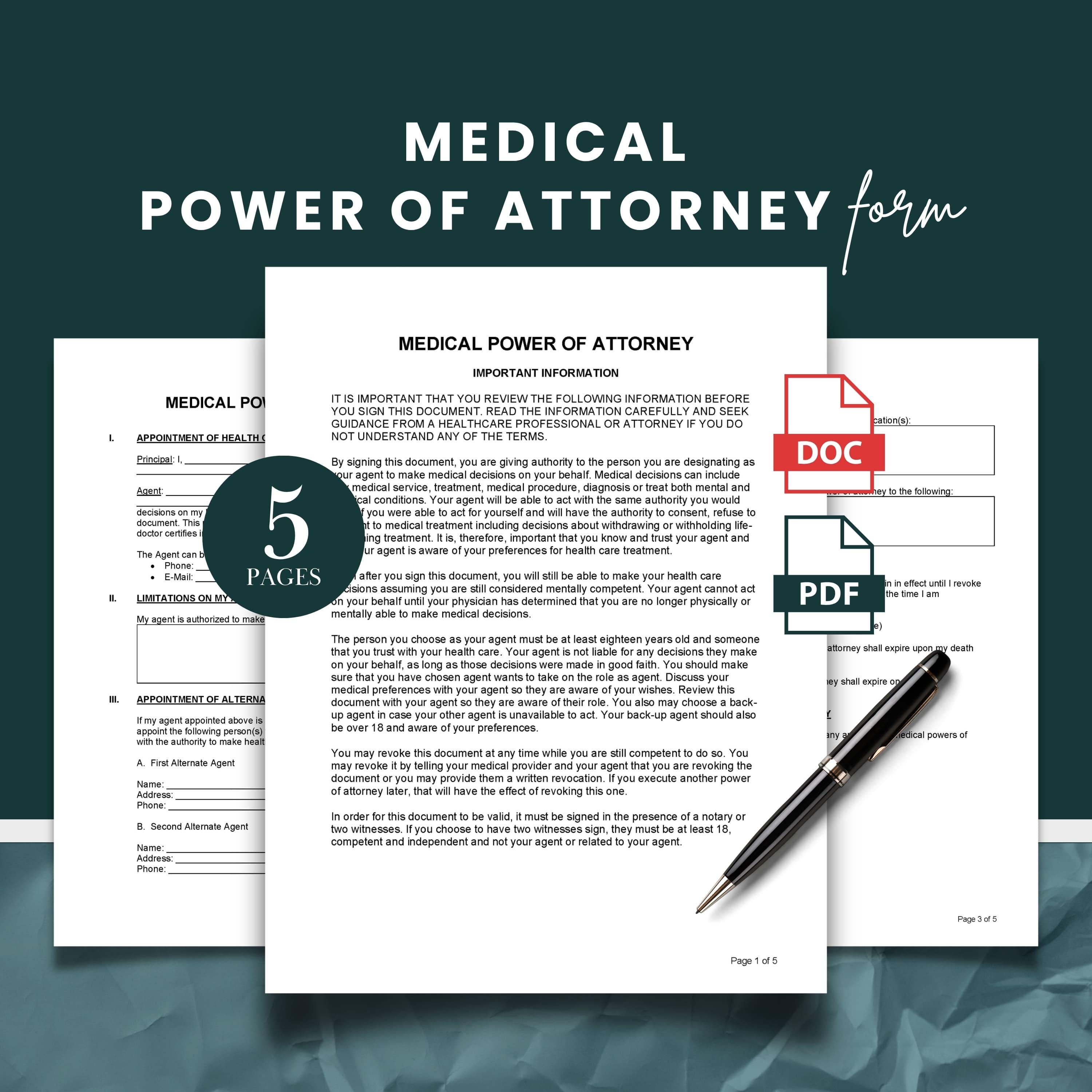 Printable Medical Power of Attorney Template, Medical Directive, POA ...