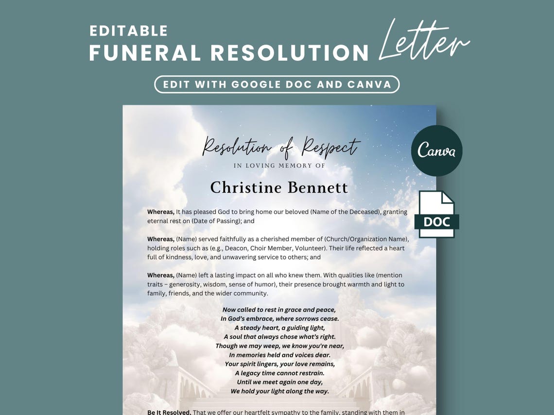 Funeral Resolution Letter, Memorial Resolution, in Loving Memory ...