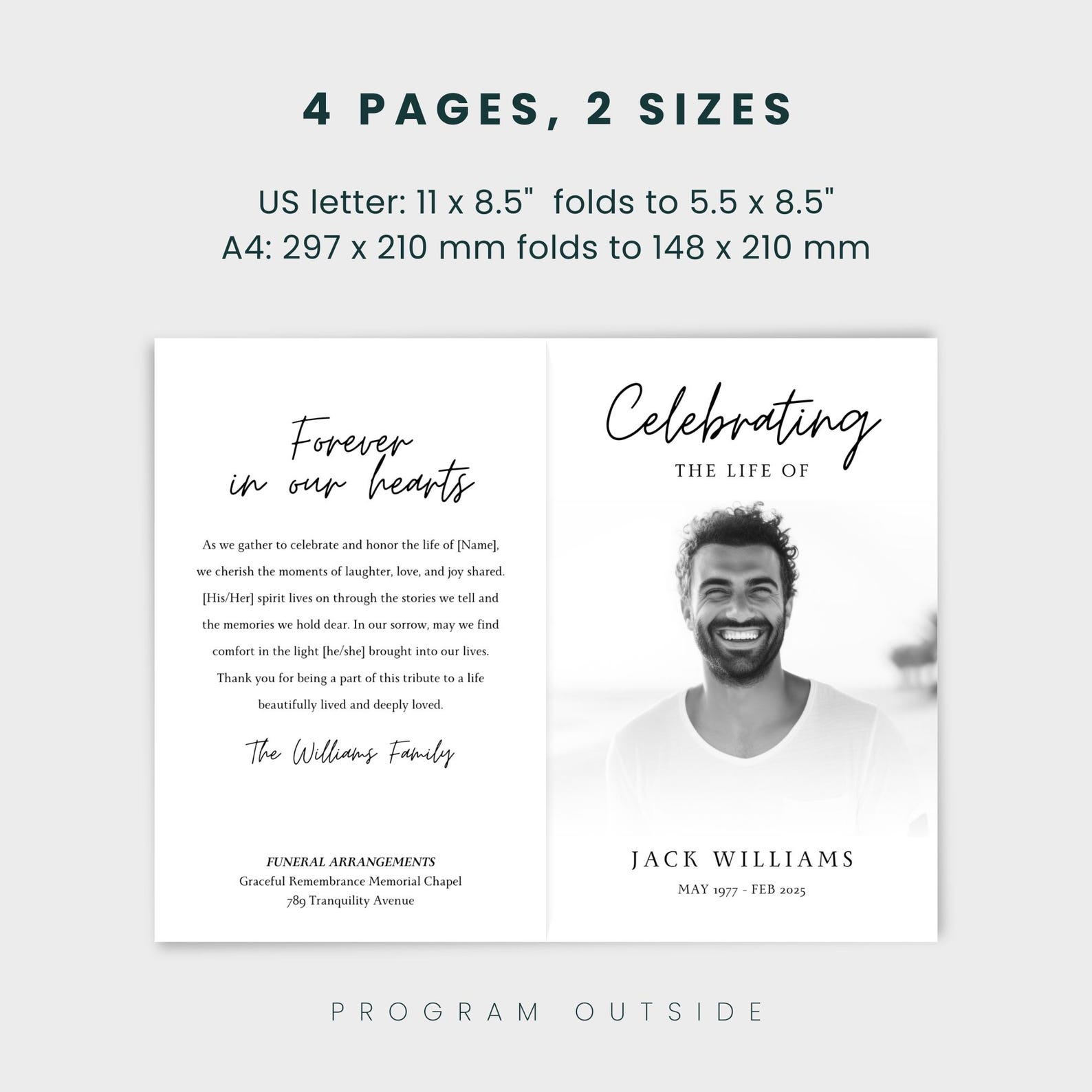 Minimalist Funeral Program, Modern Obituary Template, Celebration of ...